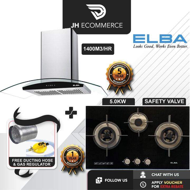 Elba EH-J9034ST(SS) Designer Hood Combo w EGH-K8943G(BK) 5kW 3 Burners ...