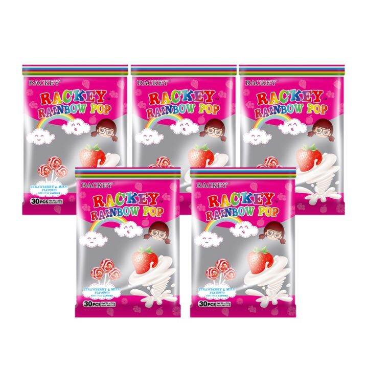 Rackey Rainbow Pop Strawberry & Milk Lollipop Candies 231g - Pack of 5 ...