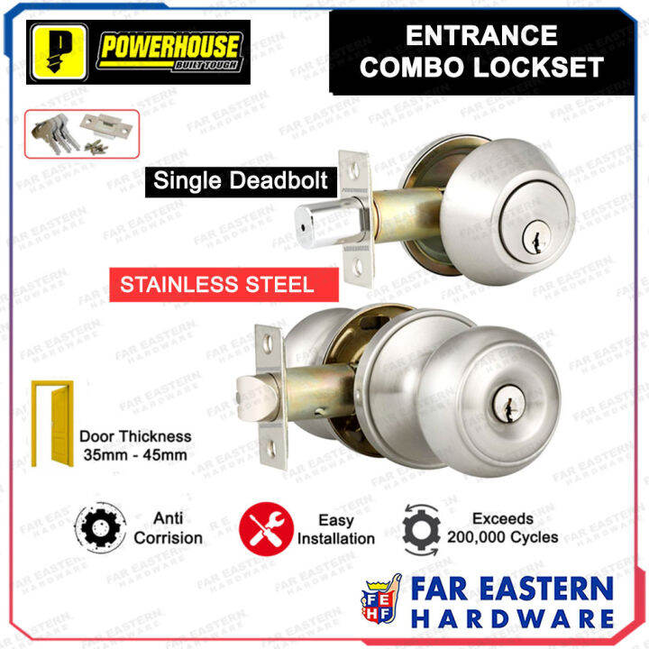 POWERHOUSE COMBO Entrance Doorknob + Single Deadbolt Stainless 587 ...