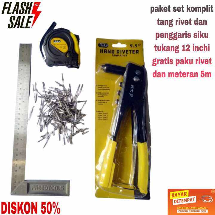 paket tang set komplit tang rivet dan penggaris siku tukang 12 inchi ...