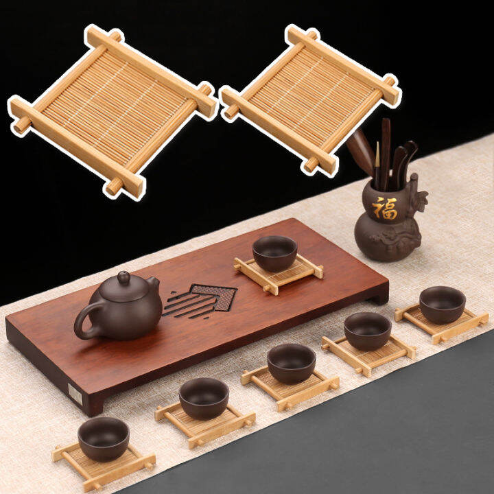 Jsej อุปกรณ์ชุดชาไม้ไผ่แผ่นรองแก้วกันถ้วยแบ่งส่วนของตกแต่งตั้งโต๊ะ ...