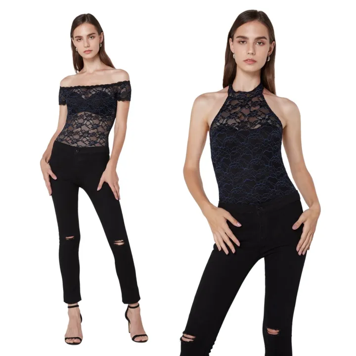 Cherilon เชอรีล่อน บอดี้สูท ซีทรู ลูกไม้ยืด สีดำ ผ้านุ่ม 3 ดีไซน์สง่า เก๋ Mix & Match กับชุดหลาย ...