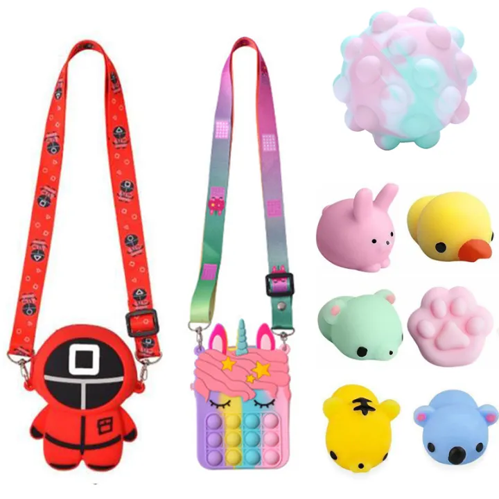 9pcs Pop it fidget toy full set box squid game pop it bag unicorn pop ...