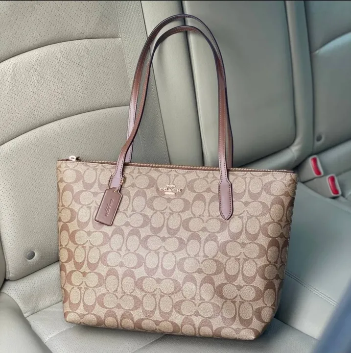 Coach 4455 Zip Top Tote in Khaki Signature Coated Canvas and Saddle ...