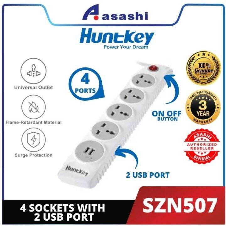 Huntkey SZN507 4 Sockets with 2 USB Port Overload Protection Surge Protector - 1 year warranty ...