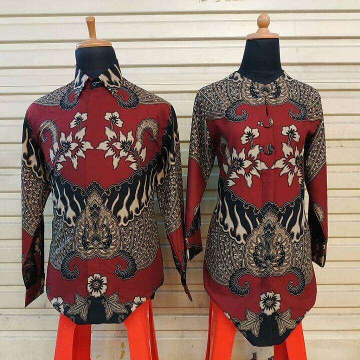 Batik pasangan warna merah batik modern batik couple kantoran blouse ...
