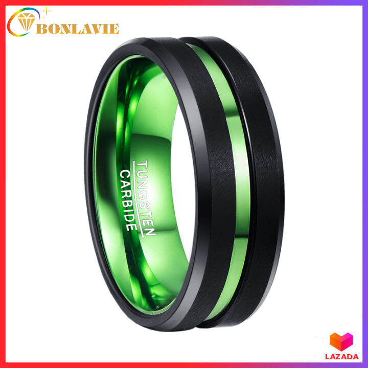 BONLAVIE Men's 8mm Authentic Tungsten Carbide Ring Green & Black Matte ...