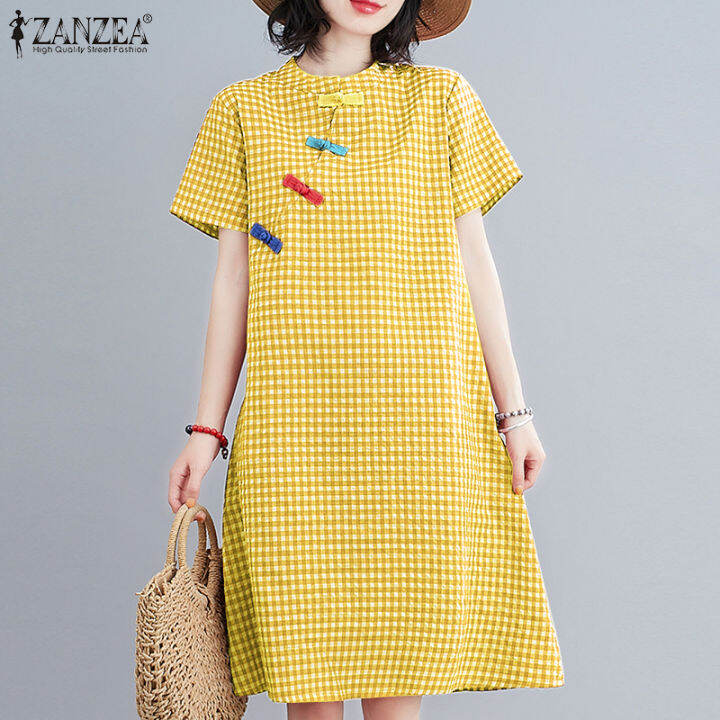 ZANZEA Womens Summer A Line Dress Short Sleeve Plaid Check Mini Dresses ...