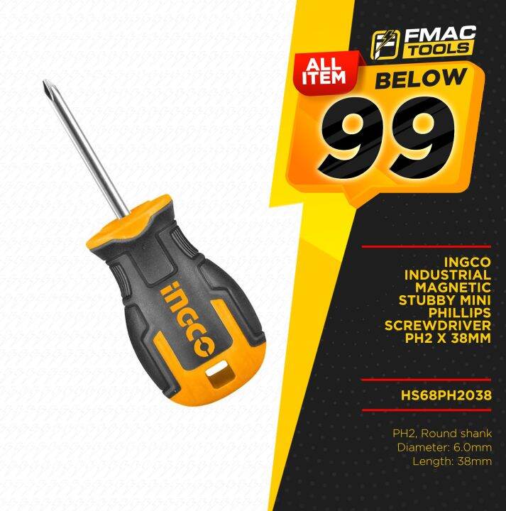 INGCO Industrial Magnetic Stubby Mini Phillips Screwdriver PH2 x 38mm ...