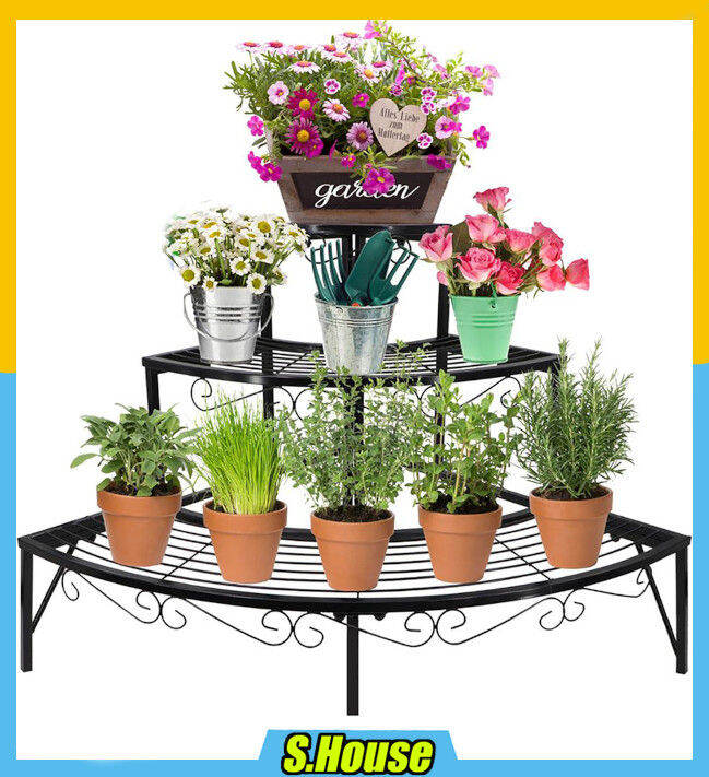 3 Tier Flower Pot Vase Stand Triangle Rack Balcony Garden Rak Besi Tiga ...
