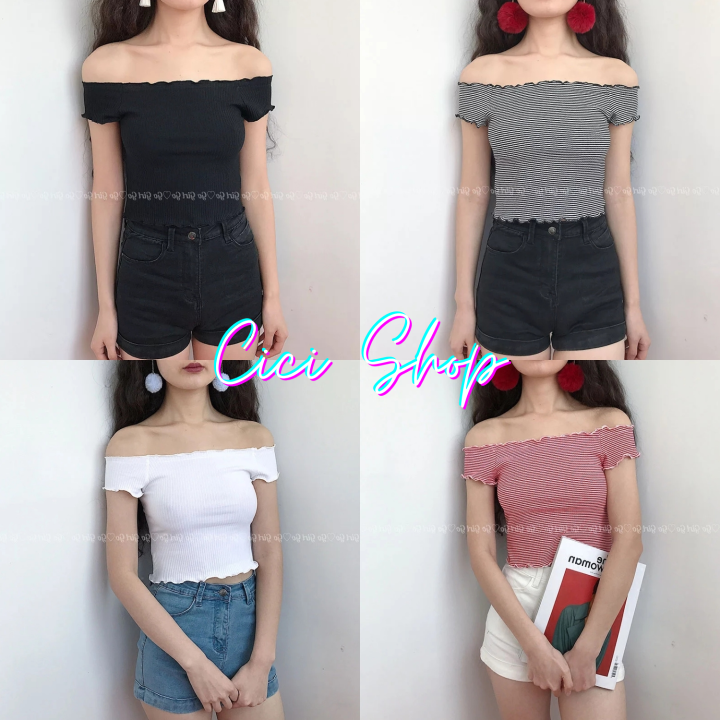 Cici(Q381)เสื้อปาดไหล่ ไหมพรม แฟชั่น สไตล์เกาหลี | Lazada.co.th