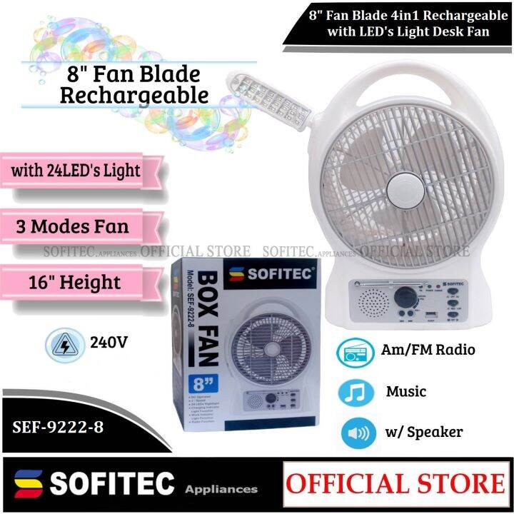 Sofitec 4in1 Rechargeable Desk Fan FM Radio Led Light Portable Fan ...