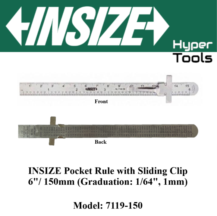 INSIZE Pocket Rule with Sliding Clip 6"/ 150mm (Graduation: 1/64", 1mm ...