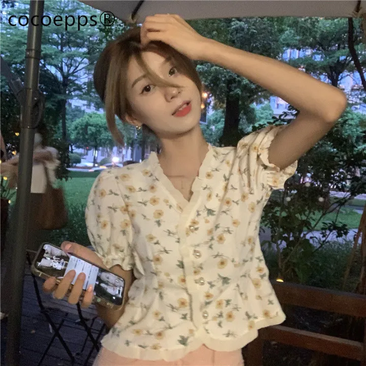 COCOEPPS เสื้อเชิ้ตสุดชิคแขนสั้นลายดอกไม้สำหรับผู้หญิง,เสื้อเชิ้ตเนื้อบางคอวีทรงหลวมสำหรับฤดู ...