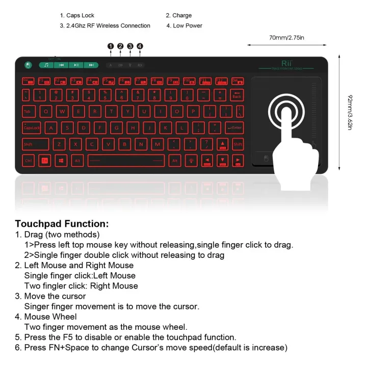Rii K18 Plus Wireless Multimedia Russian Keyboard 3-LED Color Backlit ...