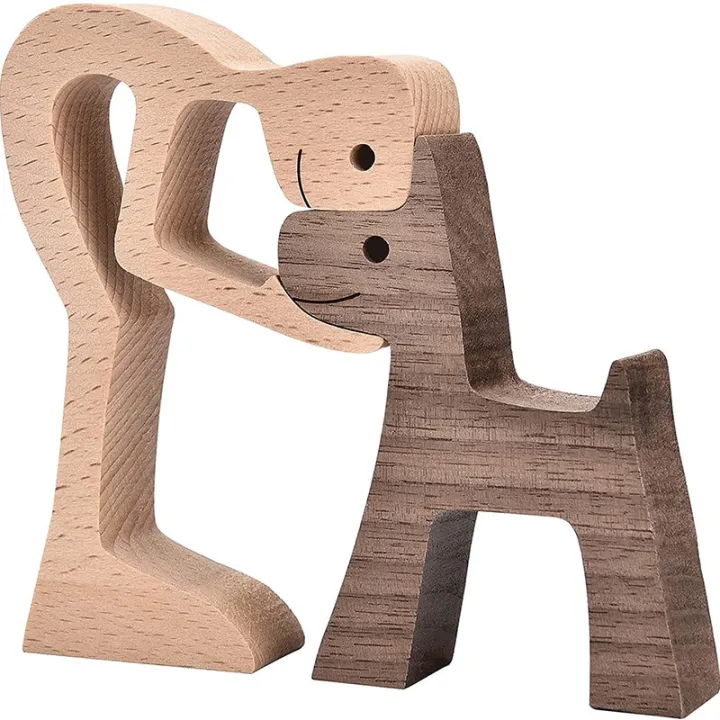 Wood Dog Craft Table Ornament Family Puppy Figurine Desktop Wooden Home ...