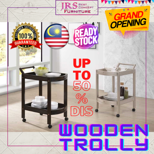 JRS 2 Tier Wooden Trolly / Kitchen Trolly / Trolley Ruang Tamu / Troli ...