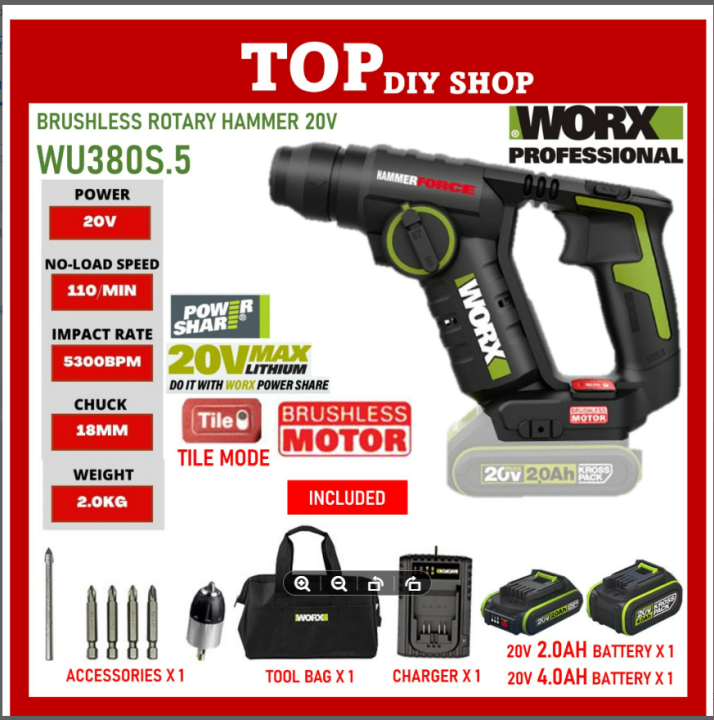 WORX WU380S.5 BRUSHLESS ROTARY HAMMER | Lazada