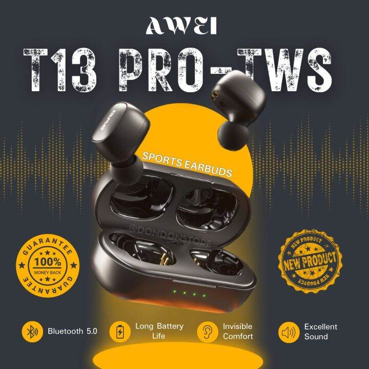 Authentic Awei T13 Pro True Wireless Sports Earbuds With Charging Case ...