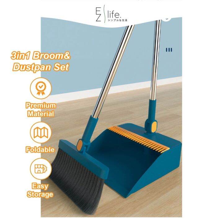 3 in 1 Foldable Sweeper Broom and Dustpan Set Magic Broom Dry & Wet Floor Multipurpose Cleaning ...