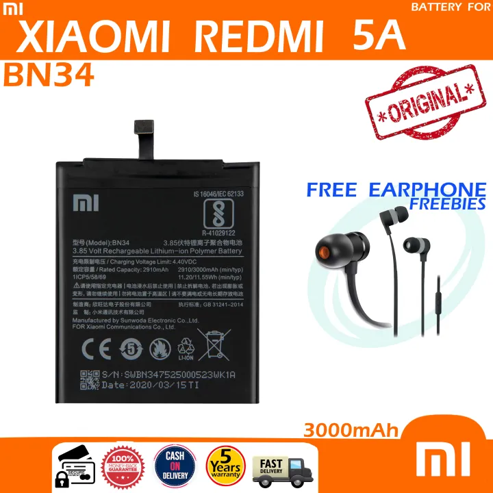 Xiaomi Redmi 5A Battery Model:BN34 Rechargeable Lithiun-ion Polymer 100 ...