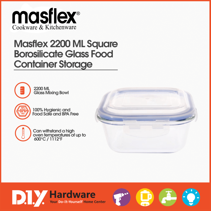Masflex 2200 ml Square Borosilicate Glass Food Container Storage FE ...