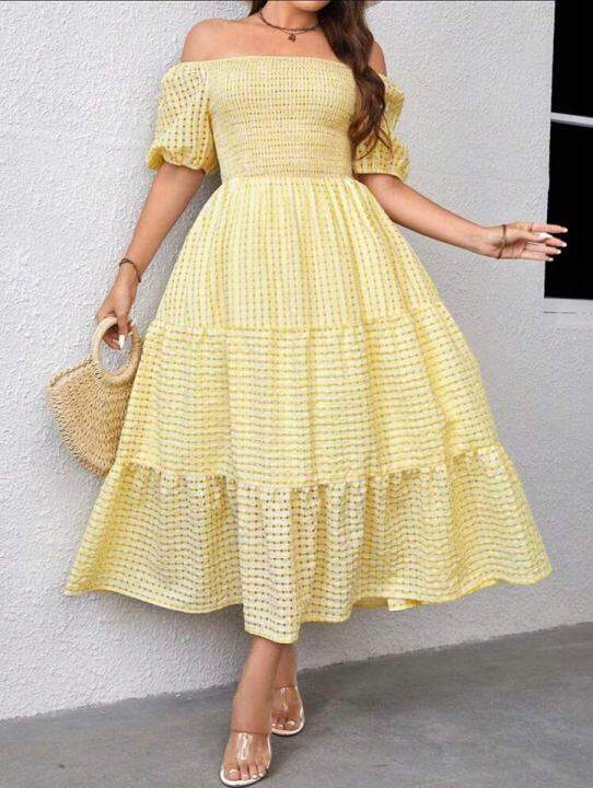ELEGANT LIGHT YELLOW SMARY CASUAL PLAIN OFF SHOULDER DRESS | Lazada PH