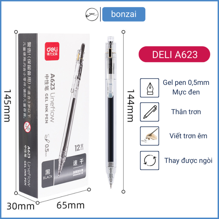 Bút gel Deli A623 thiết kế trong suốt ngòi 0,5mm mực đen nhanh khô viết êm trơn (Hàng Chính Hãng ...