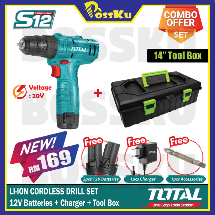 [COMBO SET] TOTAL LI-ION Cordless Drill 12V TDLI12415 With 14" Tool Box ...