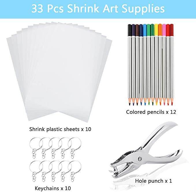 Heat Shrink Plastic Sheet Kit Shrinky Art Paper Hole Punch Keychains Pencils for Kids Creative ...