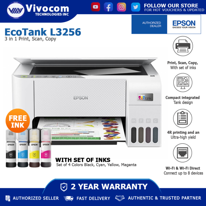 Epson EcoTank L3256 A4 Wi-Fi All-in-One Ink Tank Printer Print, scan ...