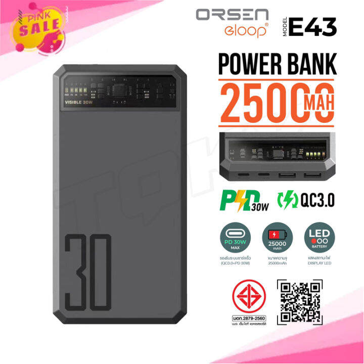 Eloop E43 แบตสำรองชาร์จเร็ว 25000mAh QC4.0 /PD 30W Max ชาร์จเร็ว Quick Fast Charge มีซองผ้ากัน ...
