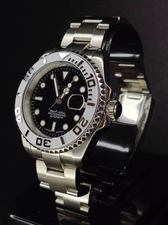 NH35 MOVEMENT AUTOMATIC Silver Yachtmaster Custom Build with Black Dial ...