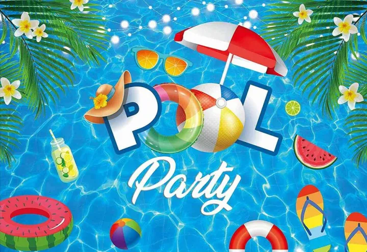 Pool Party Backdrop Summer Swimming Balls Lifebuoy Water Wave Ripple ...