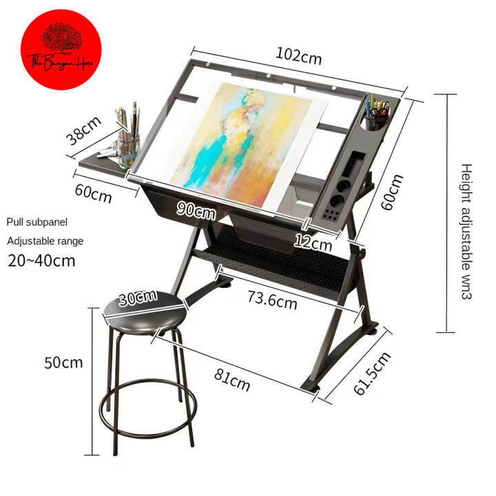 BANYAN Drawing Table Drafting Glass Table with Extra Side Table Drawers ...