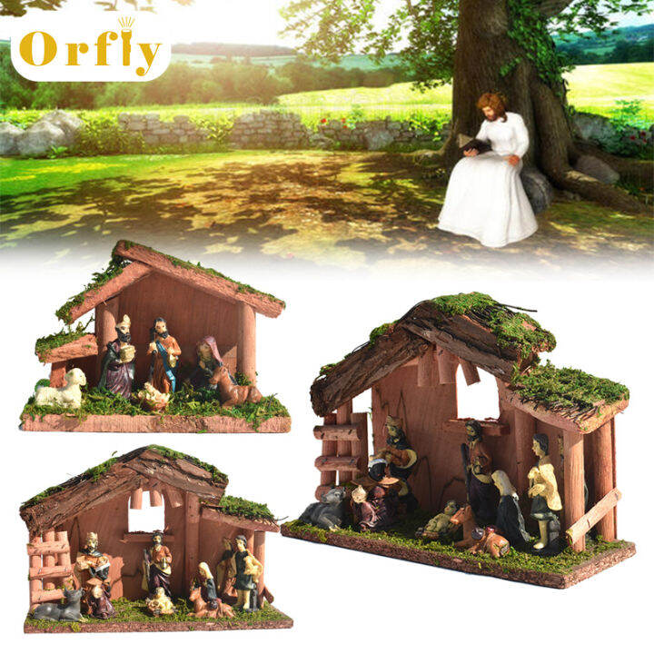 COD Christmas Nativity Scene christmas belen Figurine Resin Wood House ...