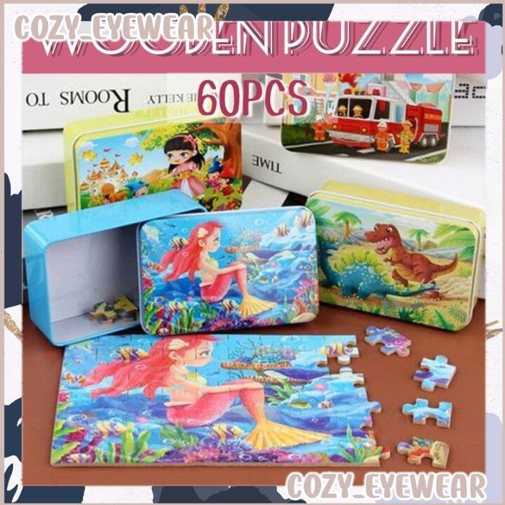 60pcs Wooden Cartoon Puzzle with Tin Kids Learning Jigsaw Puzzle Metal Box Early Learning Toys ...