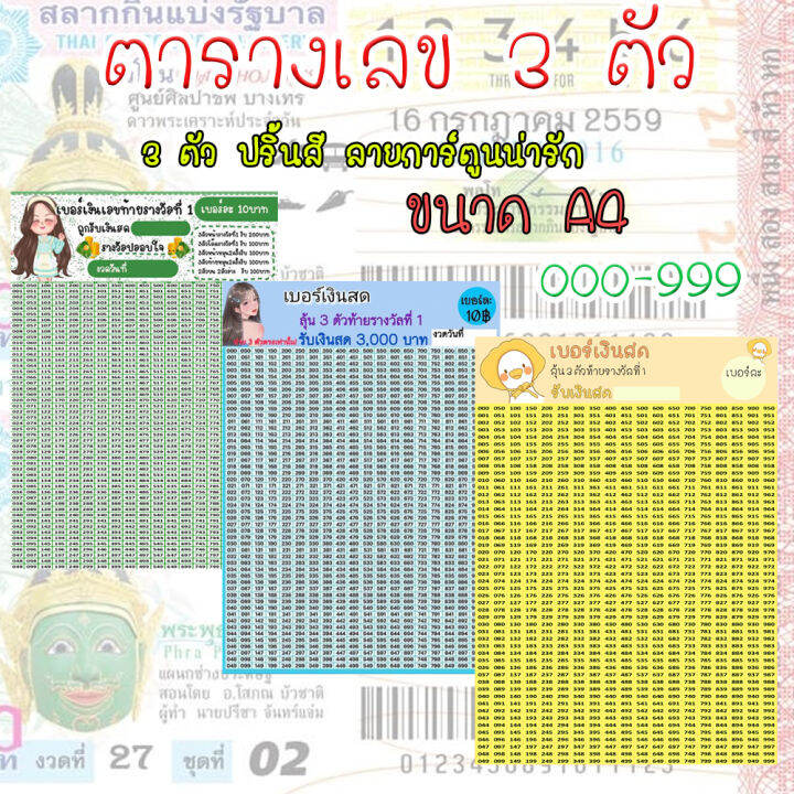 ตารางหวย ขนาดกระดาษ A4 เบอร์เงินหวย 3 ตัวท้าย เบอร์เงินสด ตารางตัวเลข ...