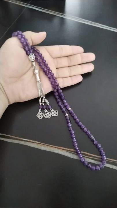 Tasbih ธรรมชาติอเมทิสหินมุสลิมพลอยสร้อยข้อมือสีม่วง Misbaha 99ลูกประคำ ...