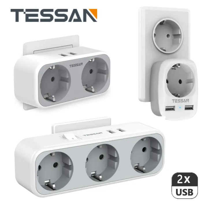 TESSAN 5 In 1สหภาพยุโรปผนังซ็อกเก็ตปลั๊กไฟที่มี3 Schuko ซ็อกเก็ต2พอร์ต ...