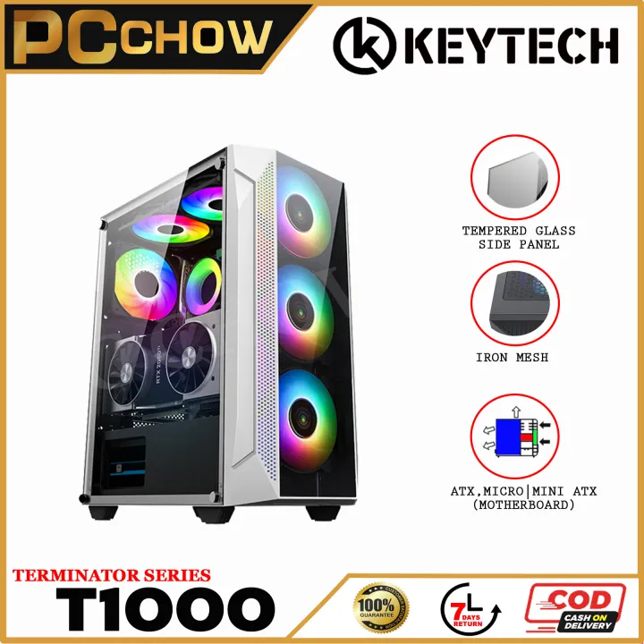 KEYTECH T1000 ATX Tempered Glass Midtower Desktop PC Gaming Case w/ 4x ...