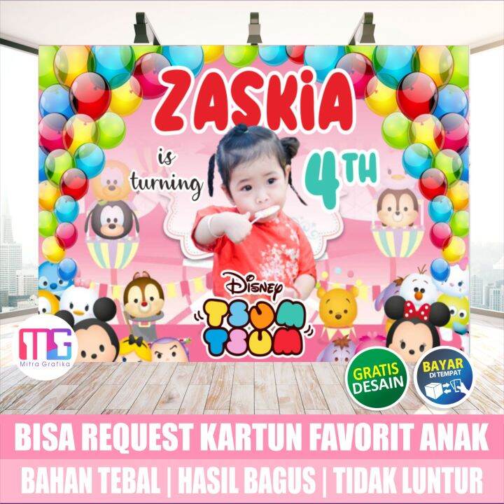 Cetak Spanduk ultah anak tema tsumm tsumm / banner ulang tahun anak ...