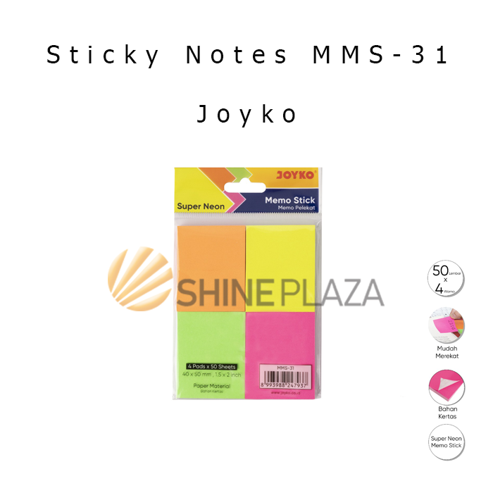 Memo Stick Sticky Notes 4 Warna Neon - Kertas Memo Tempel Joyko MMS-31 ...