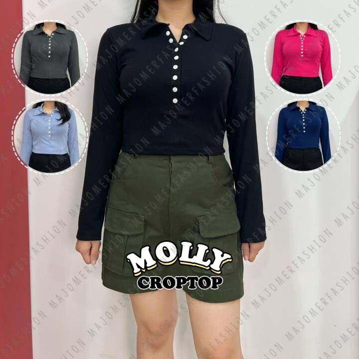 Majomer | Molly Polo Crop Top - Kaos Polo Lengan Panjang Kancing ...