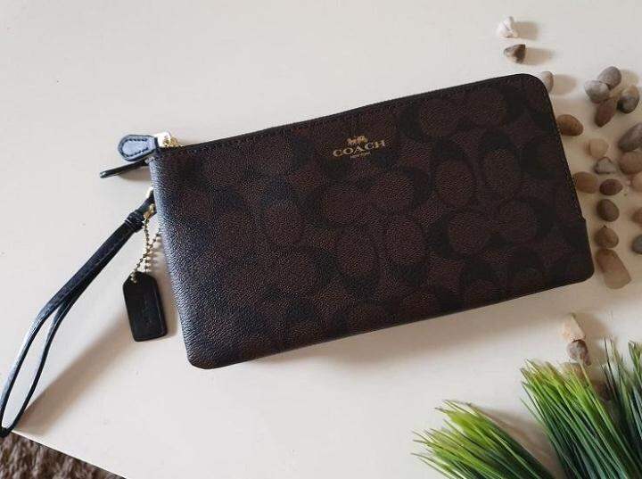 Coach F87591 Double Corner Zip Wrislet In Signature Canvas - Brown ...