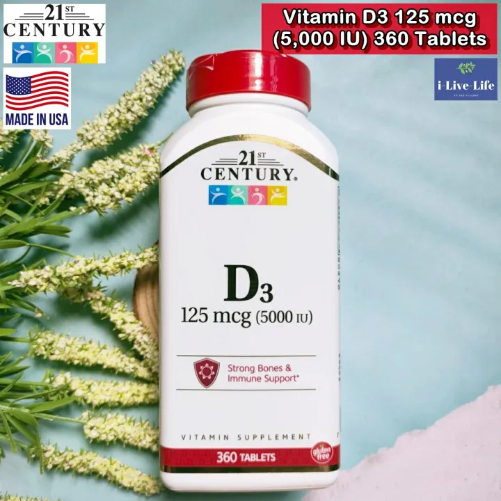 วิตามินดีสาม Vitamin D3 125 mcg (5,000 IU) 360 Tablets - 21st Century D ...