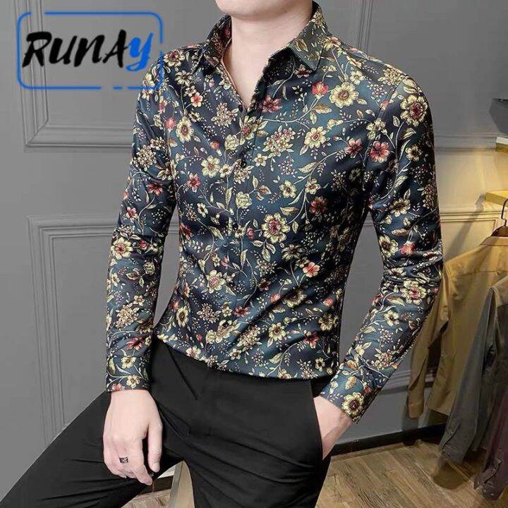 เสื้อเสื้อเชิ้ตลำลอง RUNAY เบ่งบานรุ่นเกาหลีแขนยาวของผู้ชายเทรนด์เสื้อ ...