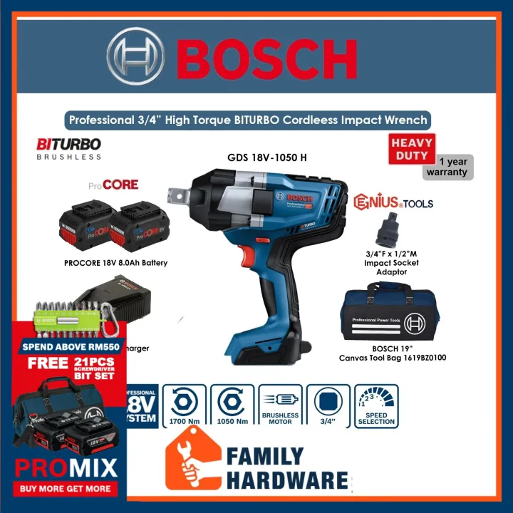 BOSCH 18v GDS18V-1050H 18V 3/4" High Torque Cordless Impact Wrench With BITURBO Brushless Motor ...