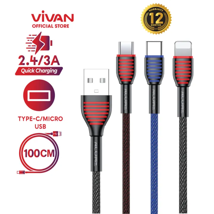 ASM ASL ASC Charging Cable Micro Type C Lightning Fast Charger 2.4A 1 ...