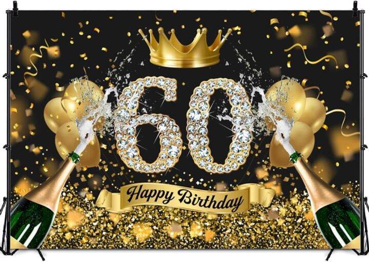 Happy 60th Birthday Photography Backdrop Golden Sequins Glitter Diamonds Crown Champagne ...